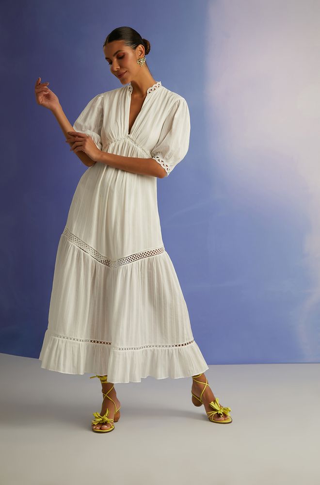 Vestido de festa midi: crepe, fenda, preto e off white | Dolps